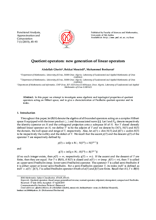 (PDF) Quotient operators : new generation of linear operators