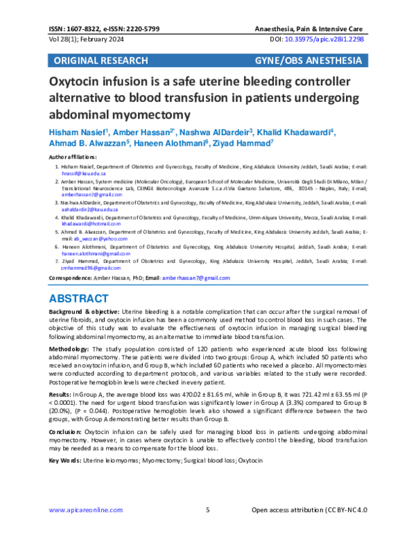 (PDF) Oxytocin infusion is a safe uterine bleeding controller alternative to blood transfusion ...