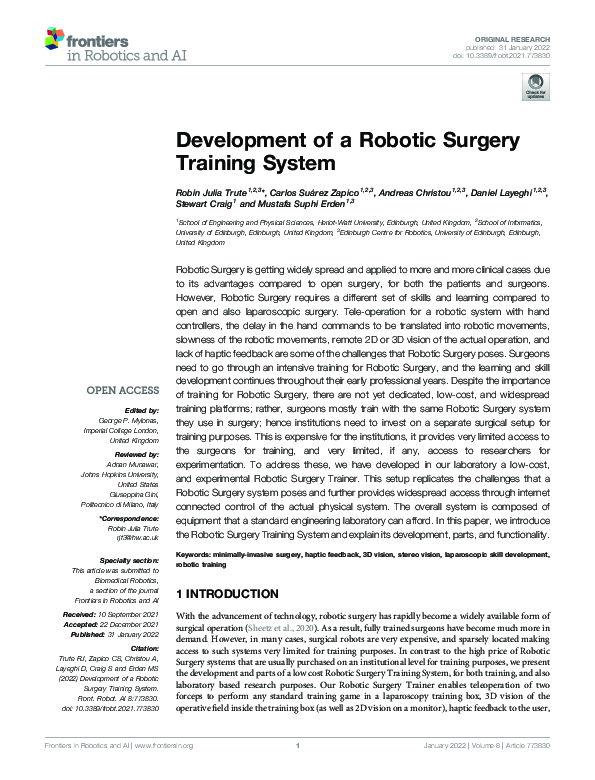Pdf Development Of A Robotic Surgery Training System