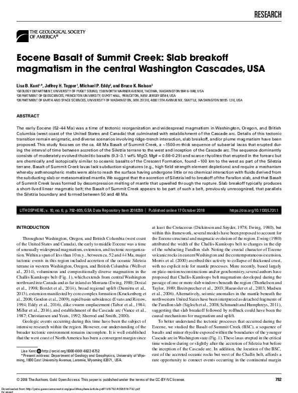 (PDF) Eocene Basalt of Summit Creek: Slab breakoff magmatism in the ...