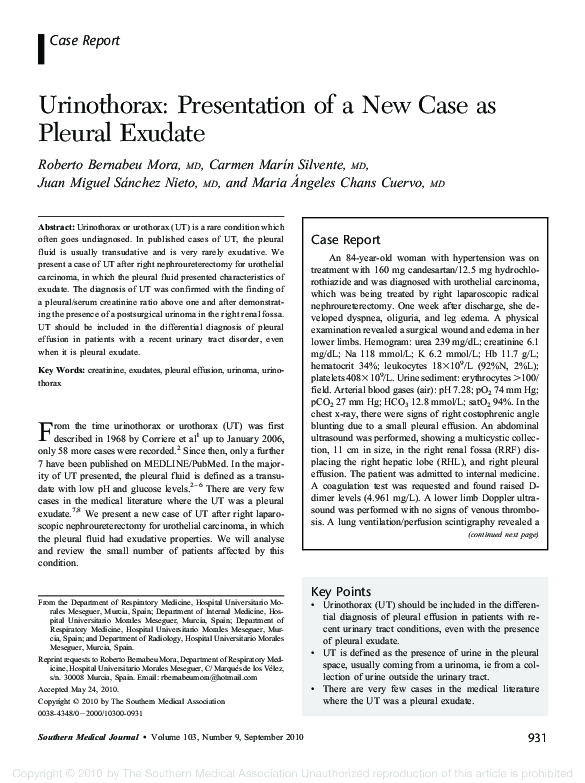 (PDF) Urinothorax: Presentation of a New Case as Pleural Exudate