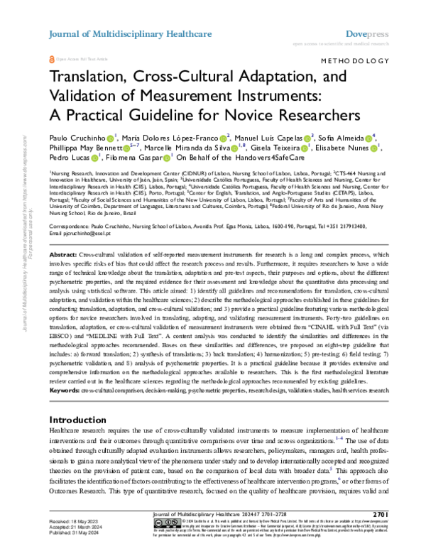 Pdf Translation Cross Cultural Adaptation And Validation Of Measurement Instruments A