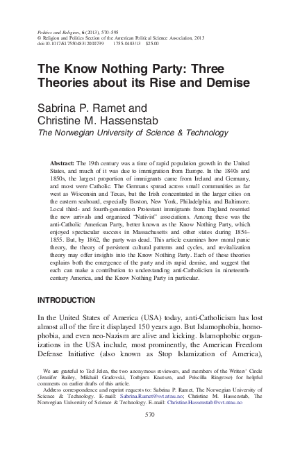 (PDF) The Know Nothing Party: Three Theories about its Rise and Demise