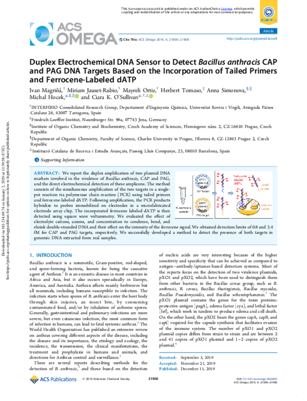 (PDF) Duplex Electrochemical DNA Sensor to Detect Bacillus anthracis ...