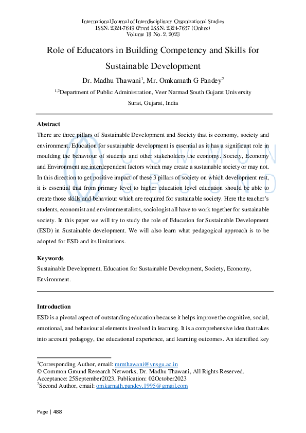 (PDF) Role of Educators in Building Competency and Skills for Sustainable Development
