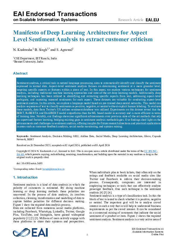 Pdf Manifesto Of Deep Learning Architecture For Aspect Level Sentiment Analysis To Extract