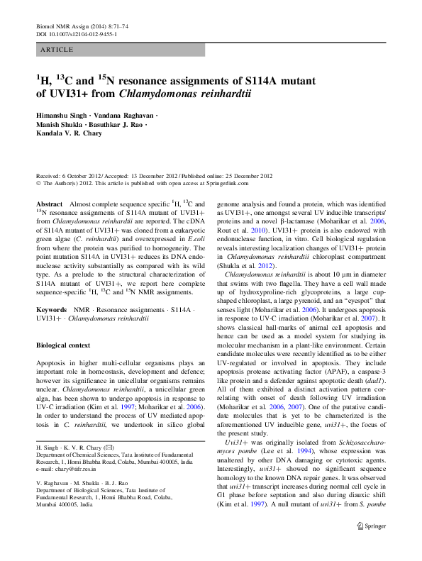 (PDF) ¹H, ¹³C and ¹⁵N resonance assignments of S114A mutant of UVI31+ from Chlamydomonas ...