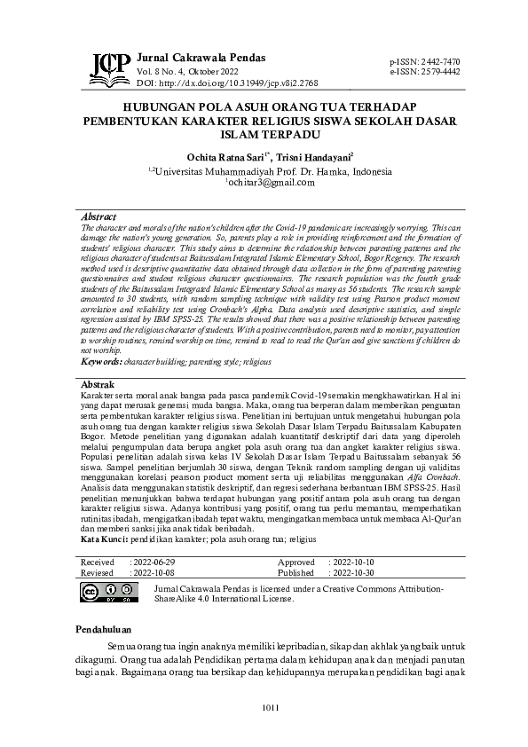 (PDF) Hubungan Pola Asuh Orang Tua Terhadap Pembentukan Karakter Religius Siswa Sekolah Dasar ...