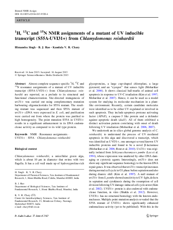 (PDF) 1H, 13C and 15N NMR assignments of a mutant of UV inducible transcript (S55A-UVI31+) from ...