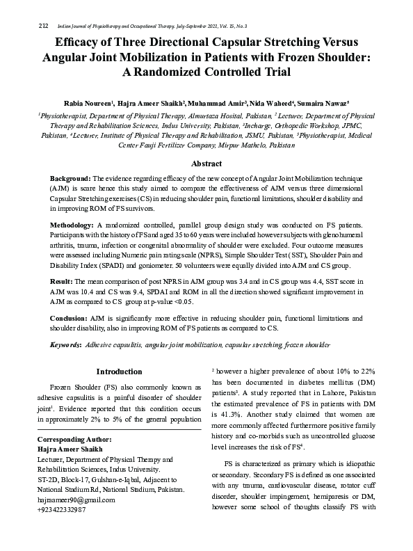 Pdf Efficacy Of Three Directional Capsular Stretching Versus Angular Joint Mobilization In