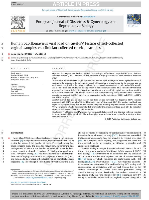 (PDF) Human papillomavirus viral load on careHPV testing of self ...