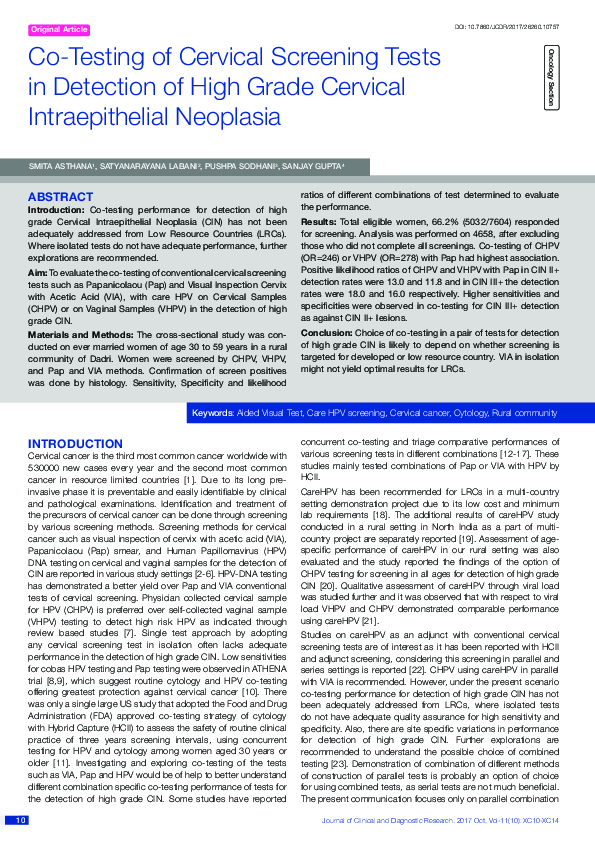 (PDF) Co-Testing of Cervical Screening Tests in Detection of High Grade ...