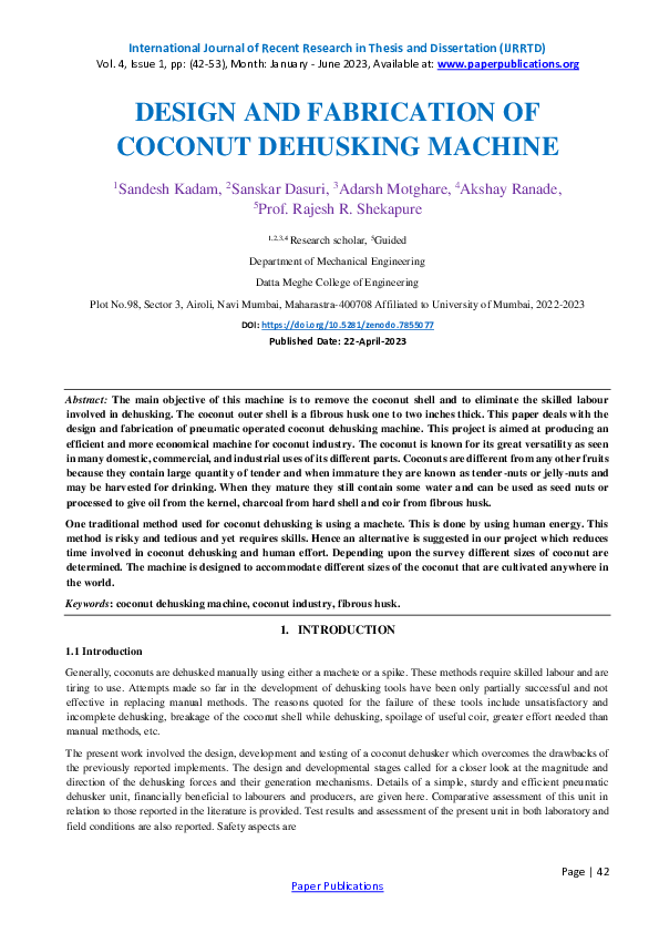(PDF) Design and Fabrication of Coconut Dehusking Machine