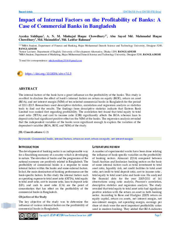 (PDF) Impact of Internal Factors on the Profitability of Banks: A Case ...