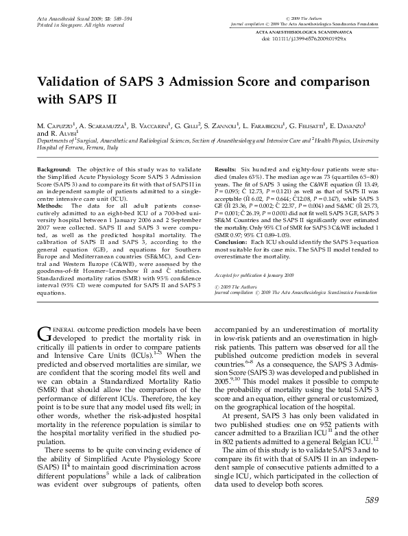 Validation of SAPS 3 Admission Score and comparison with SAPS II