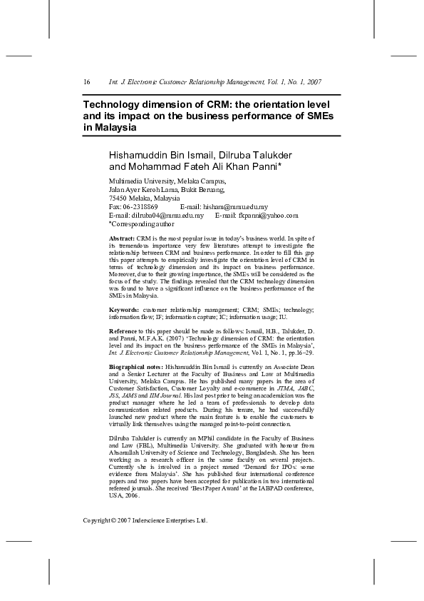 (PDF) Technology dimension of CRM: the orientation level and its impact ...