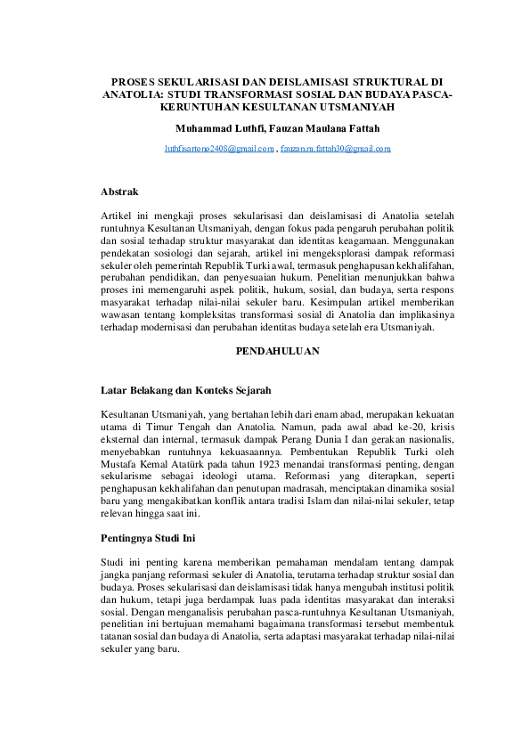 (PDF) PROSES SEKULARISASI DAN DEISLAMISASI STRUKTURAL DI ANATOLIA ...