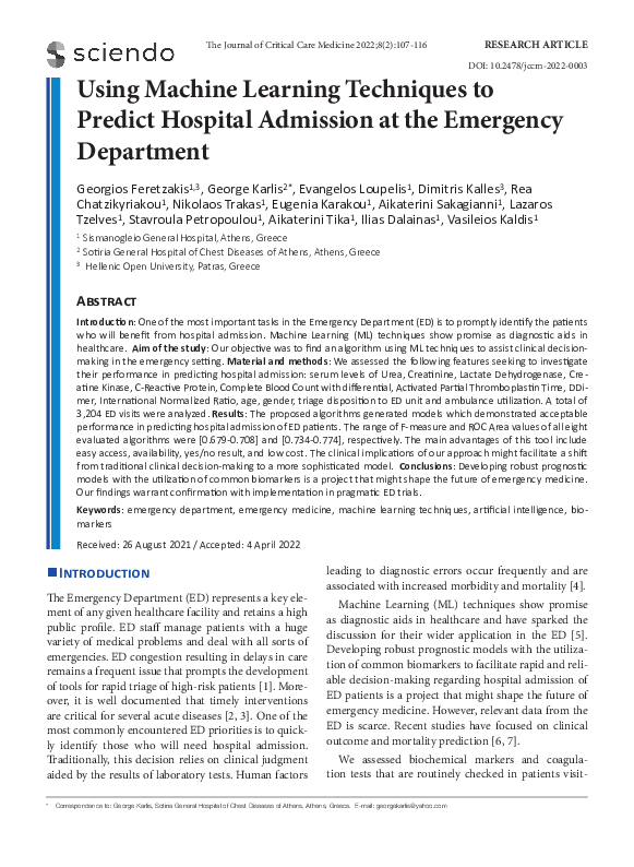 (PDF) Using Machine Learning Techniques to Predict Hospital Admission at the Emergency Department