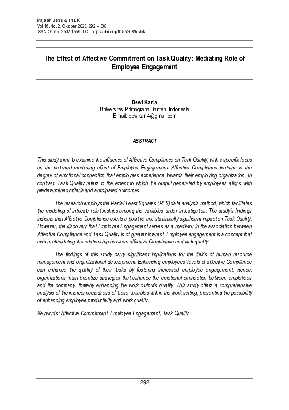 (PDF) Effect of Affective Commitment on Task Quality: Mediating Role of ...