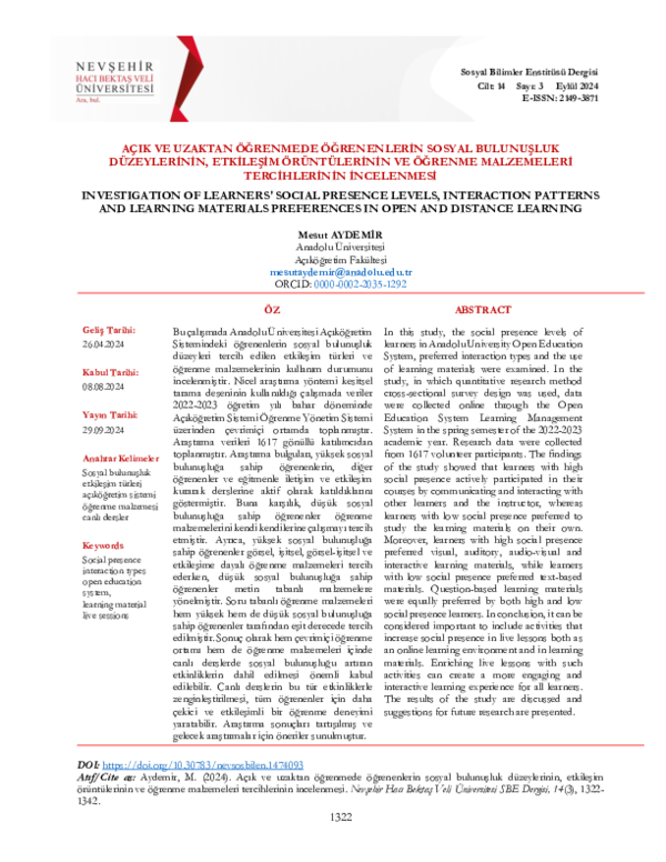 (PDF) INVESTIGATION OF LEARNERS' SOCIAL PRESENCE LEVELS, INTERACTION PATTERNS AND LEARNING ...
