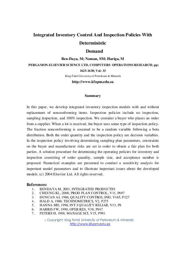 (PDF) Integrated inventory control and inspection policies with ...