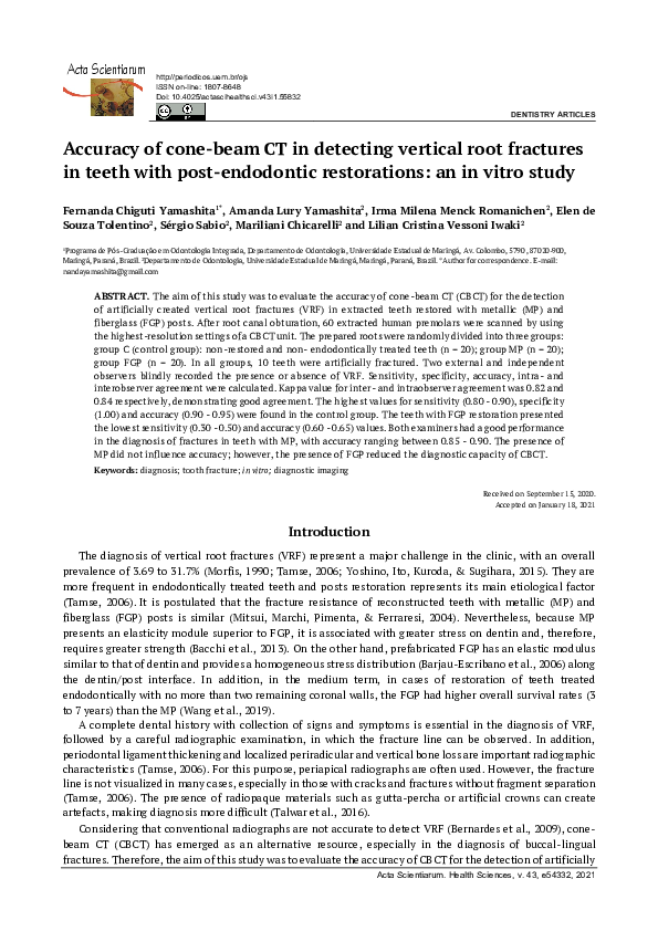 (PDF) Accuracy of cone-beam CT in detecting vertical root fractures in teeth with post ...