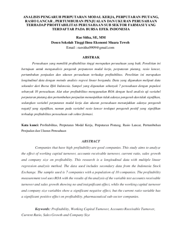 (PDF) Analisis Pengaruh Perputaran Modal Kerja, Perputaran Piutang, Rasio Lancar , Pertumbuhan ...