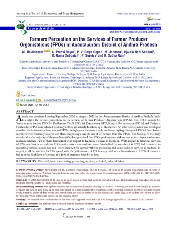 (PDF) Farmers Perception on the Services of Farmer Producer Organisations (FPOs) in Anantapuram ...