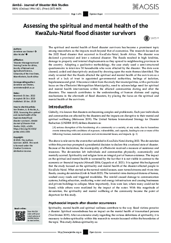 (PDF) Assessing the spiritual and mental health of the KwaZulu-Natal ...
