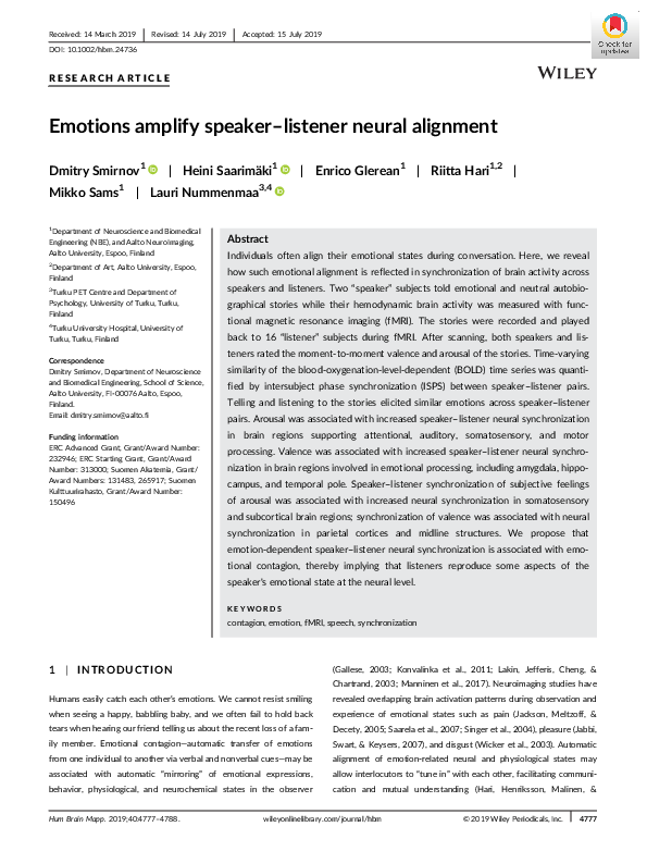 (PDF) Emotions amplify speaker–listener neural alignment