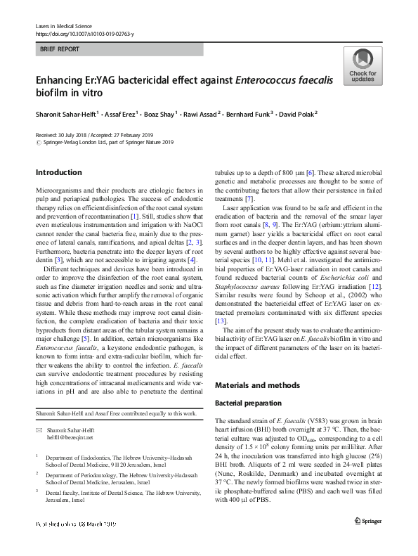 (PDF) Enhancing Er:YAG bactericidal effect against Enterococcus faecalis biofilm in vitro ...