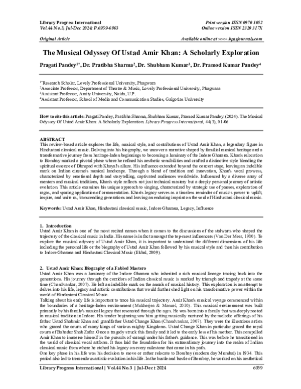 (PDF) The Musical Odyssey Of Ustad Amir Khan: A Scholarly Exploration