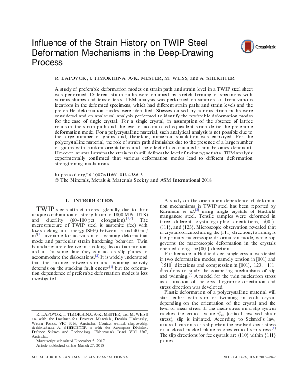 (PDF) Influence of the Strain History on TWIP Steel Deformation Mechanisms in the Deep-Drawing ...