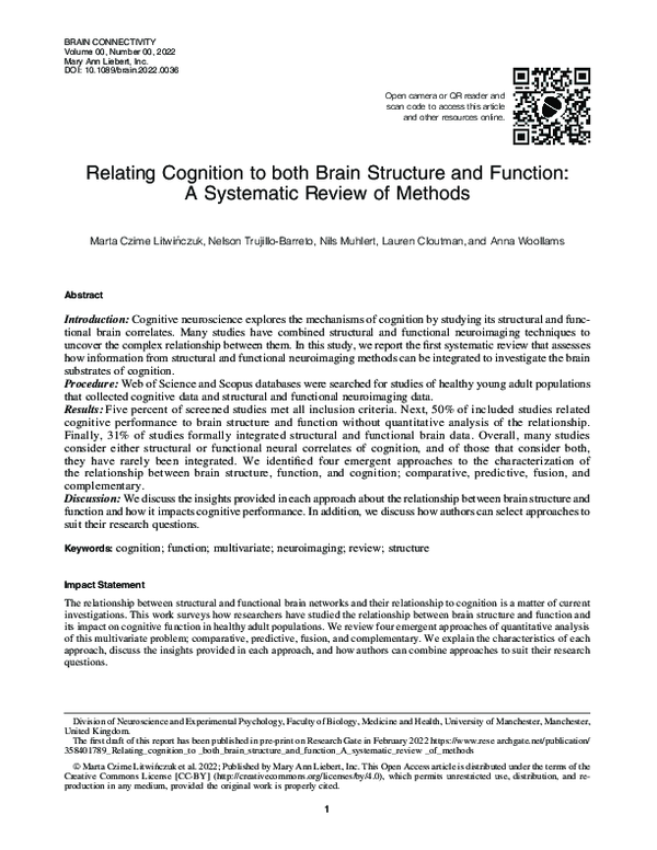 (PDF) Relating Cognition to both Brain Structure and Function: A ...