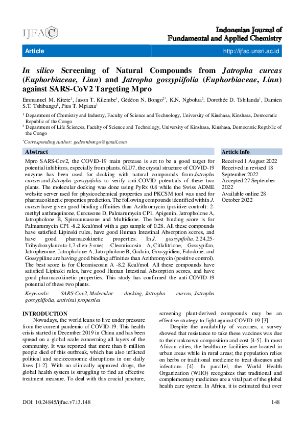 (PDF) In silico screening of natural compounds from Jatropha curcas (Euphorbiaceae, Linn) and ...