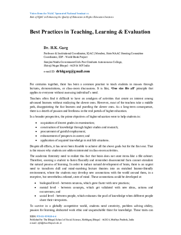 (PDF) Best Practices in Teaching, Learning & Evaluation