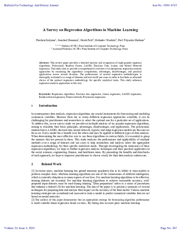 (PDF) A Survey on Regression Algorithms in Machine Learning