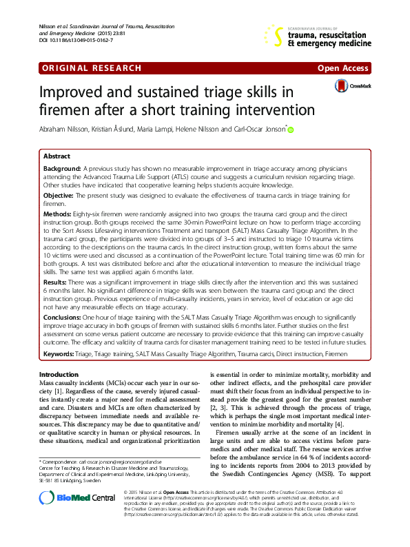 (PDF) Improved and sustained triage skills in firemen after a short ...