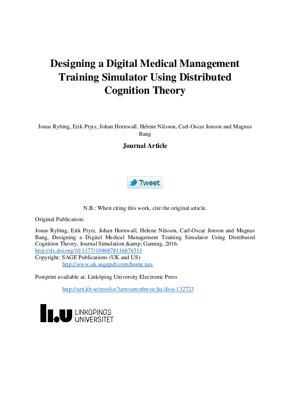 (PDF) Designing a Digital Medical Management Training Simulator Using Distributed Cognition Theory