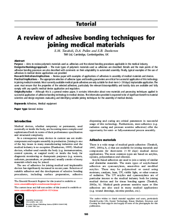 (PDF) A review of adhesive bonding techniques for joining medical materials