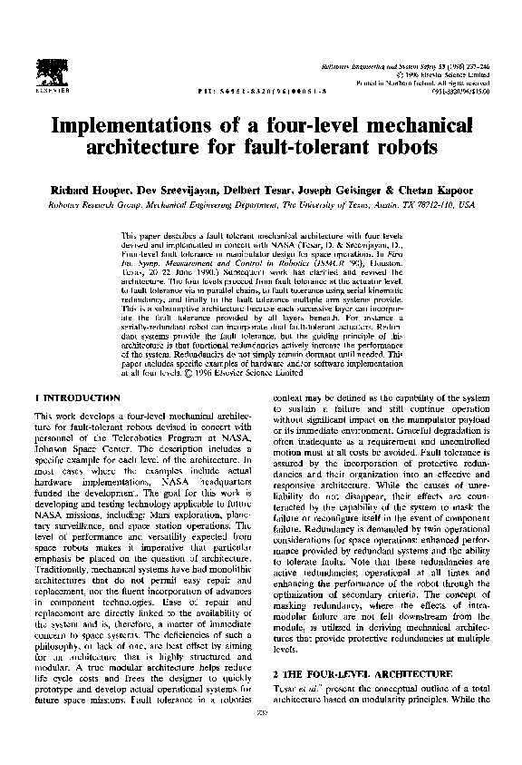 (PDF) Implementations of a four-level mechanical architecture for fault-tolerant robots