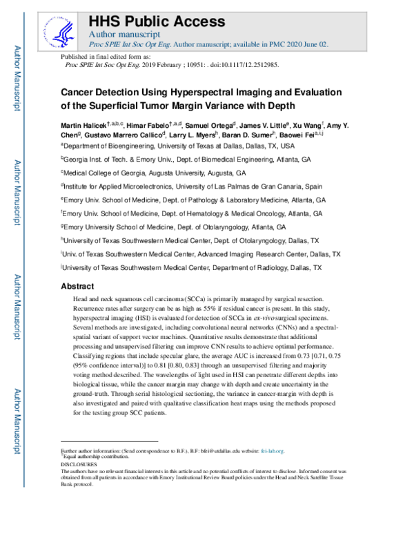 (PDF) Cancer detection using hyperspectral imaging and evaluation of the superficial tumor ...