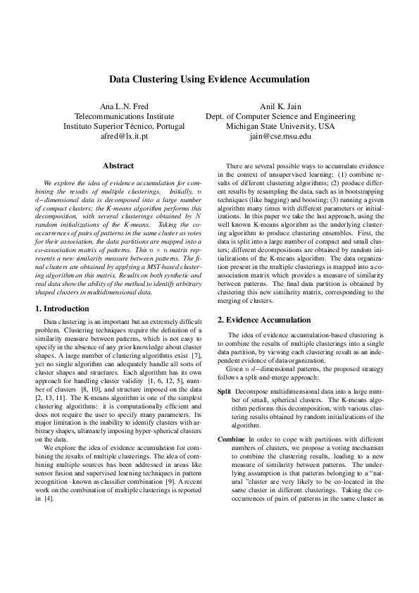(PDF) Data clustering using evidence accumulation