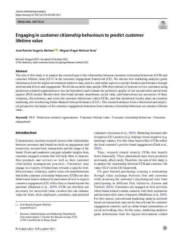 (PDF) Engaging in customer citizenship behaviours to predict customer lifetime value