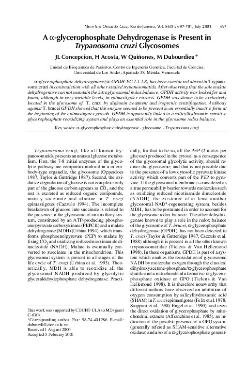 (PDF) A α-glycerophosphate Dehydrogenase is Present in Trypanosoma ...