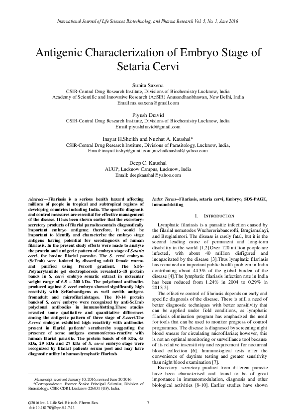 (PDF) Antigenic Characterization of Embryo Stage of Setaria Cervi ...