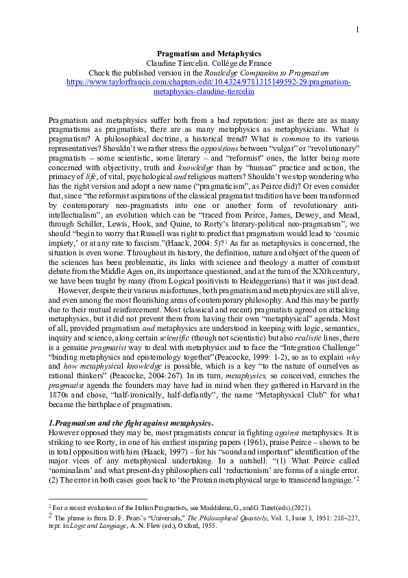 (PDF) Pragmatism and Metaphysics