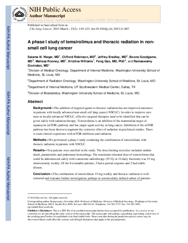 (PDF) A Phase I Study of Temsirolimus and Thoracic Radiation in Non ...