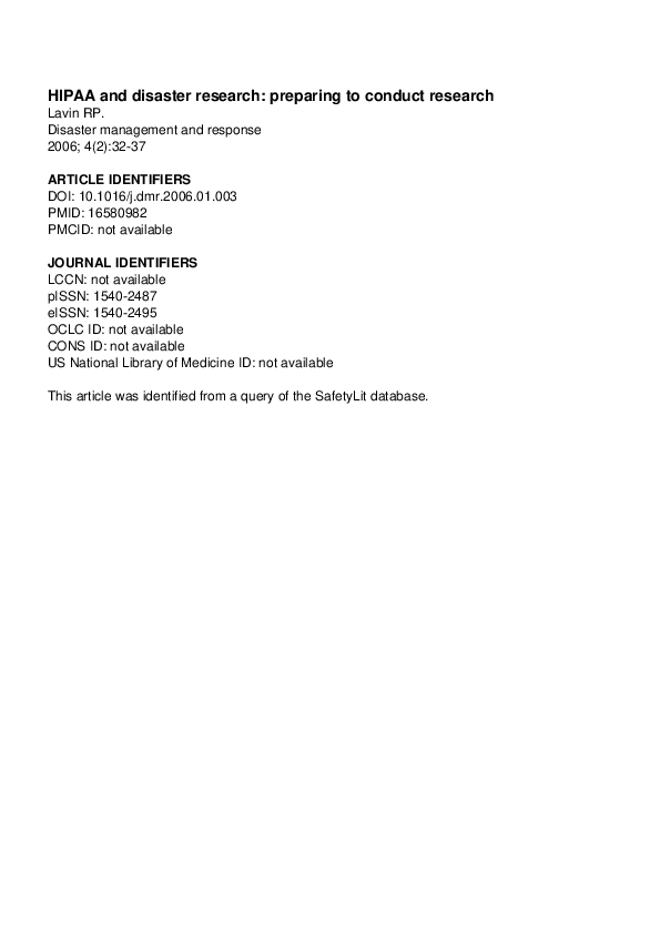 (PDF) HIPAA and Disaster Research: Preparing to Conduct Research