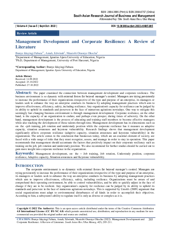 (PDF) Management Development and Corporate Resilience: A Review of Literature